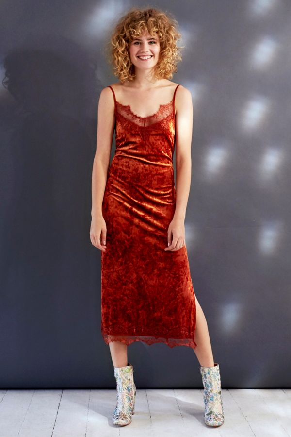 BOG Collective Crushed Velvet Lace Midi Slip Dress | Urban Outfitters