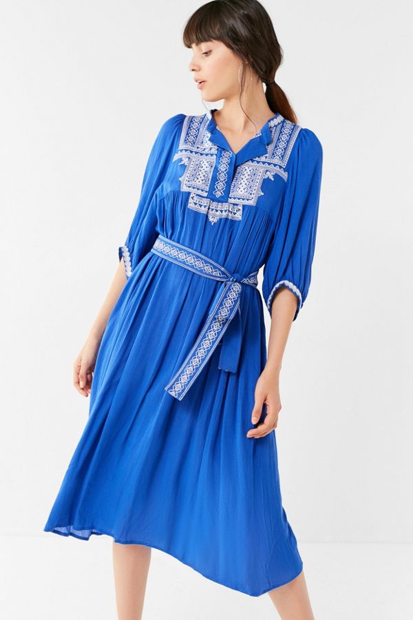 see U soon Embroidered Tie-Belt Midi Dress | Urban Outfitters