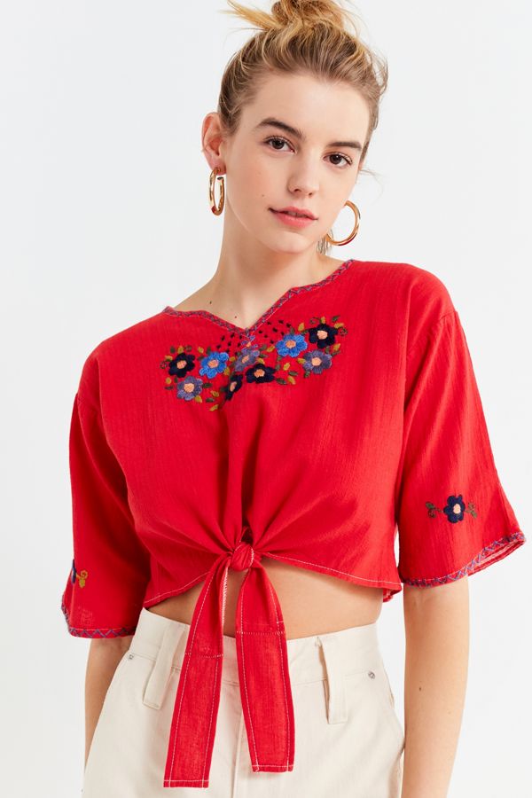 Urban Renewal Remade Overdyed Tie-Front Embroidered Top | Urban Outfitters